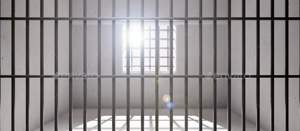 Prison cell with window, jail steel bars and concrete walls, empty dungeon interior. 3d render ...